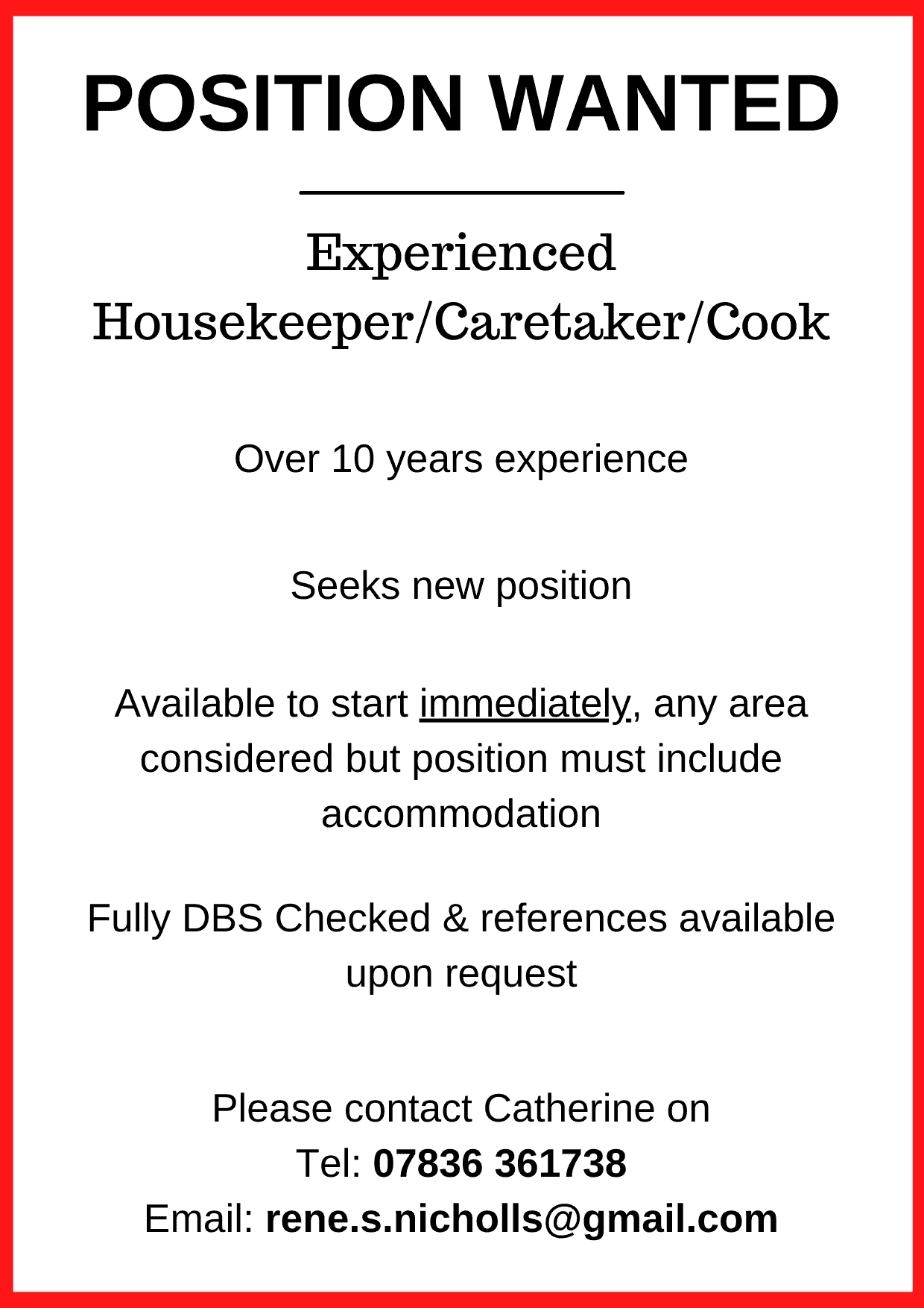 Position Wanted | Housekeeper/ Caretaker/Cook - The BV