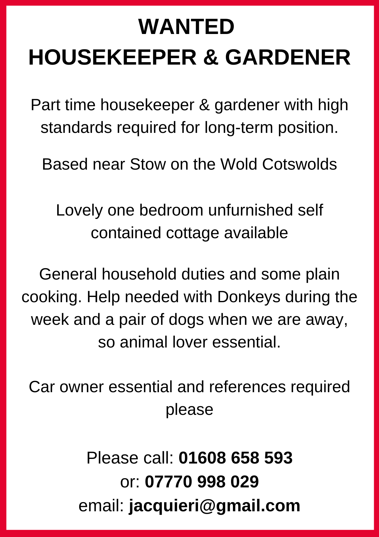 Part time housekeeper and gardener job near Stow-on-the-Wold