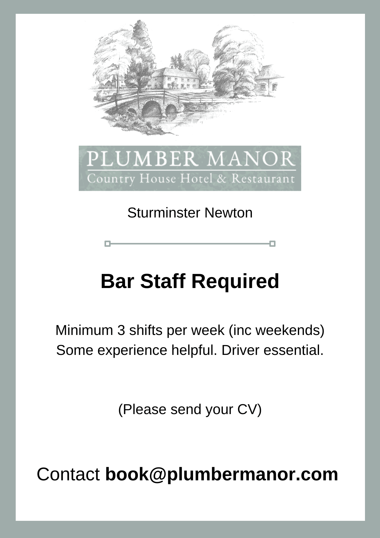 Bar Staff Required | Plumber Manor Sturminster Newton - The BV