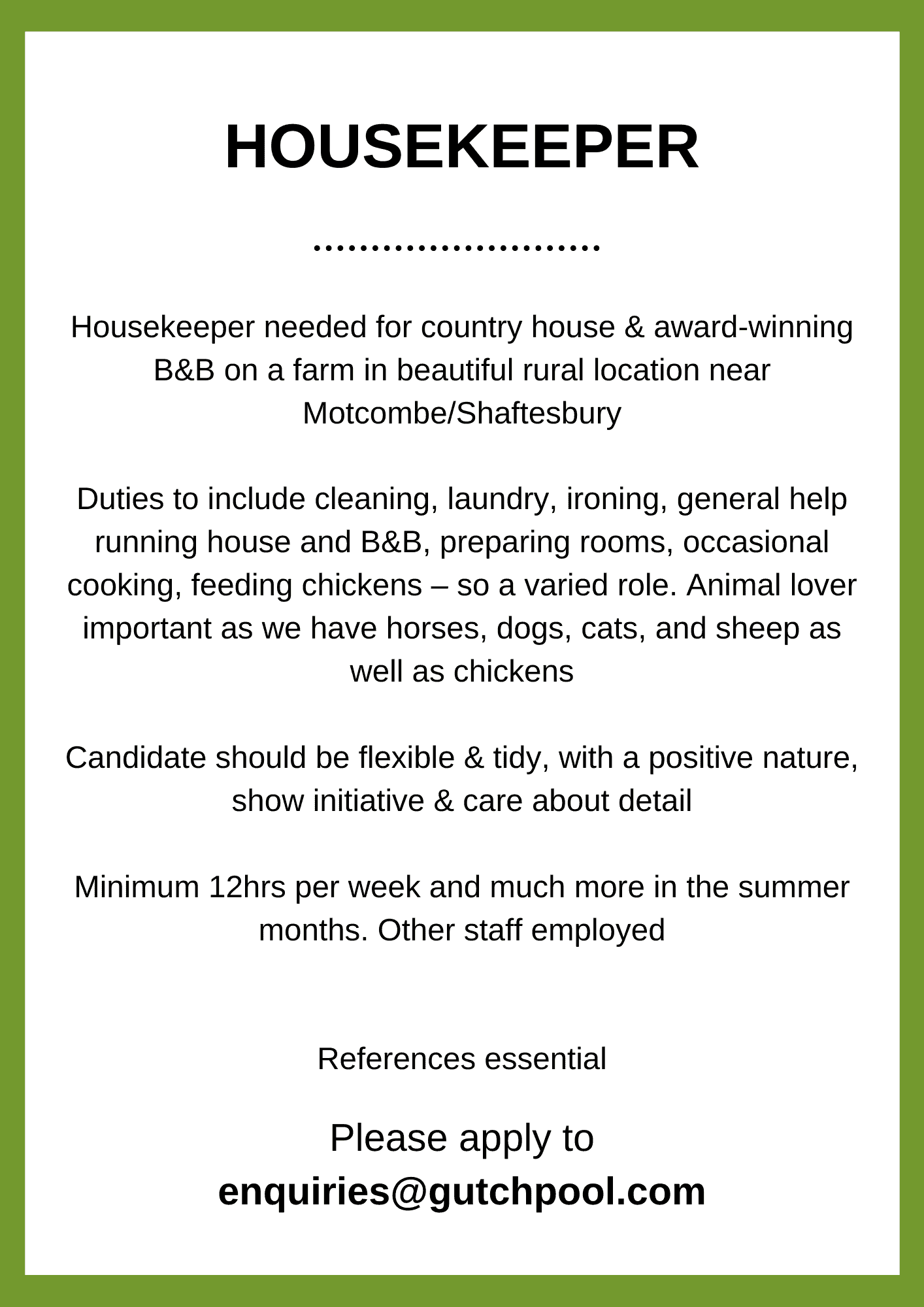 Housekeeper Required nr Gillingham - The BV