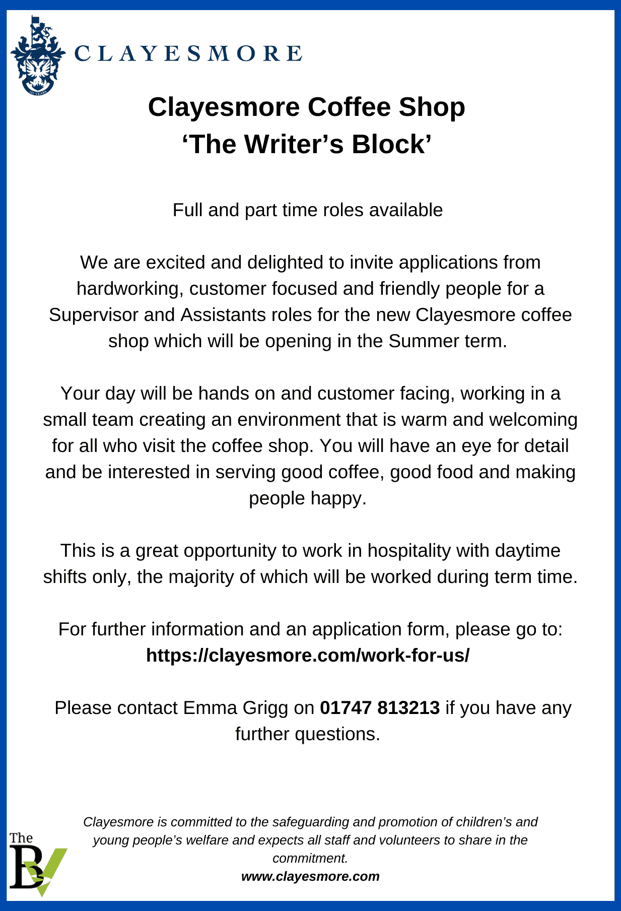 Full and part time roles available | Clayesmore Coffee Shop - The BV