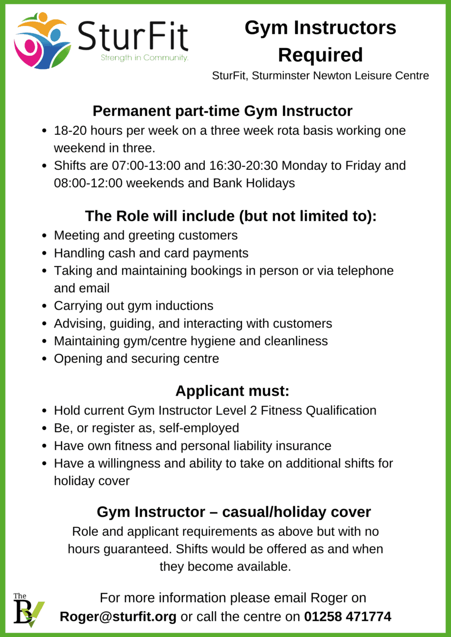 Gym Instructors Required | Sturfit/Sturminster Newton Leisure Centre ...
